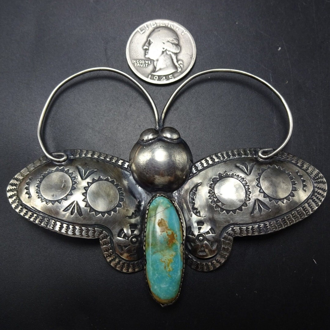 Huge Butterfly Pin/brooch by JOE EBY Hand Stamped Sterling Silver and TURQUOISE - Etsy