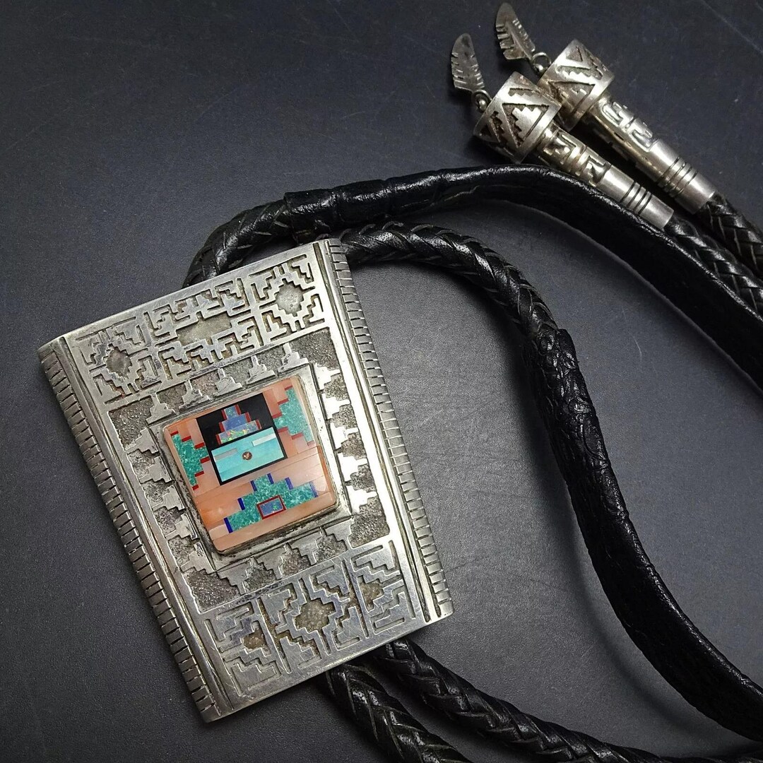 Vintage ABRAHAM BEGAY Navajo TURQUOISE Coral Inlay Sterling Silver Bolo ...