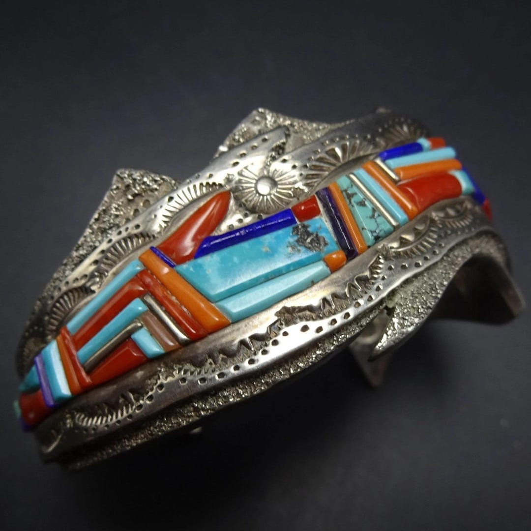 Navajo DAVID TUNE Sterlingsilver TURQUOISE Coral Cobblestone Inlay Cuff ...