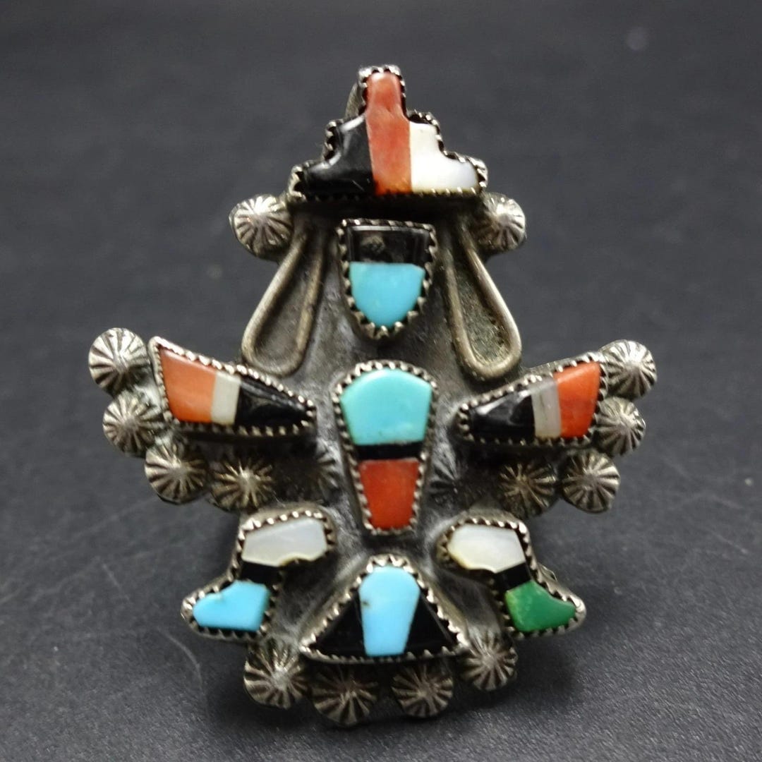 Vintage ZUNI Knifewing Inlay RING Size 7 Turquoise Coral Jet MOP ...
