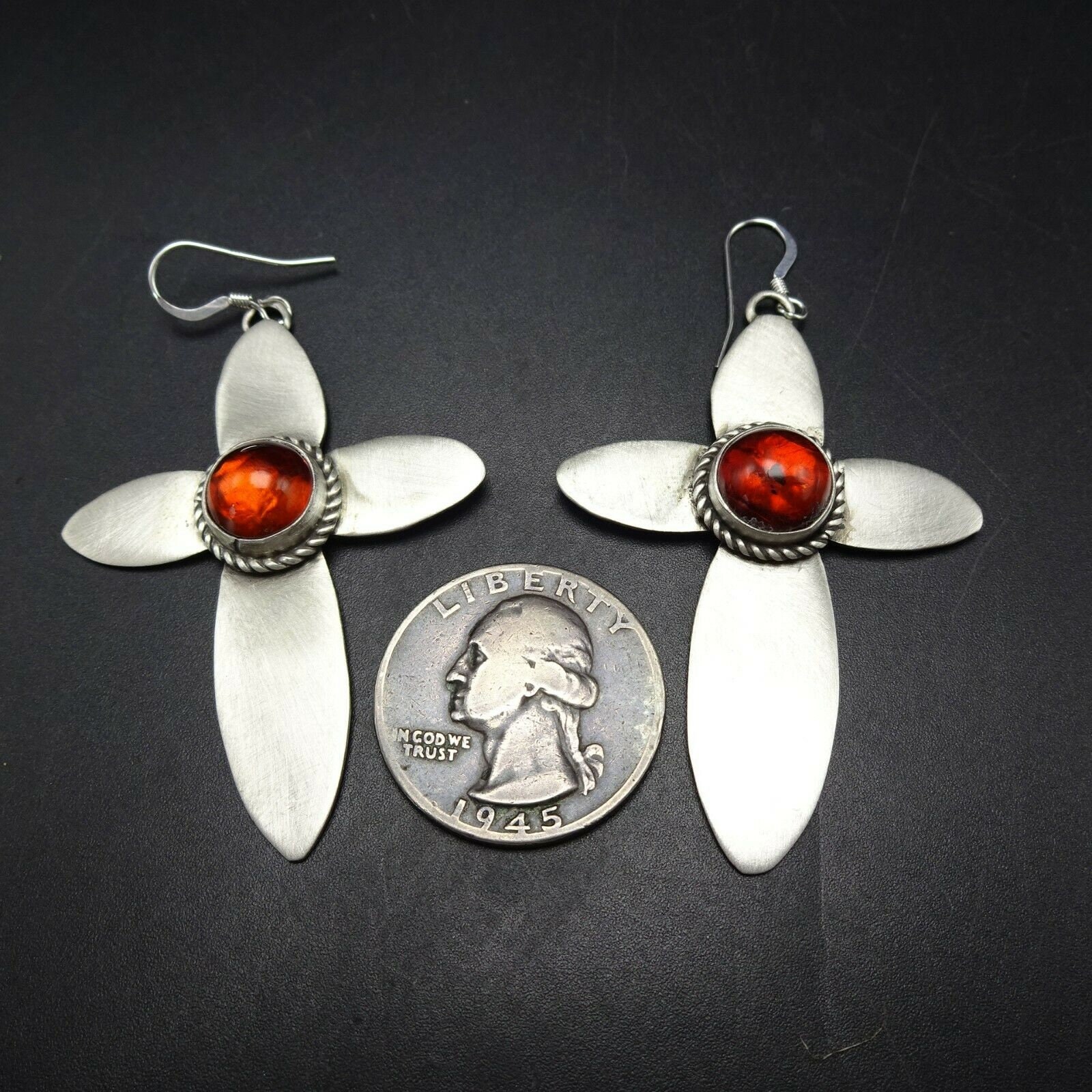 Randall Endito NAVAJO Sterling Silver AMBER Cross EARRINGS Brushed ...