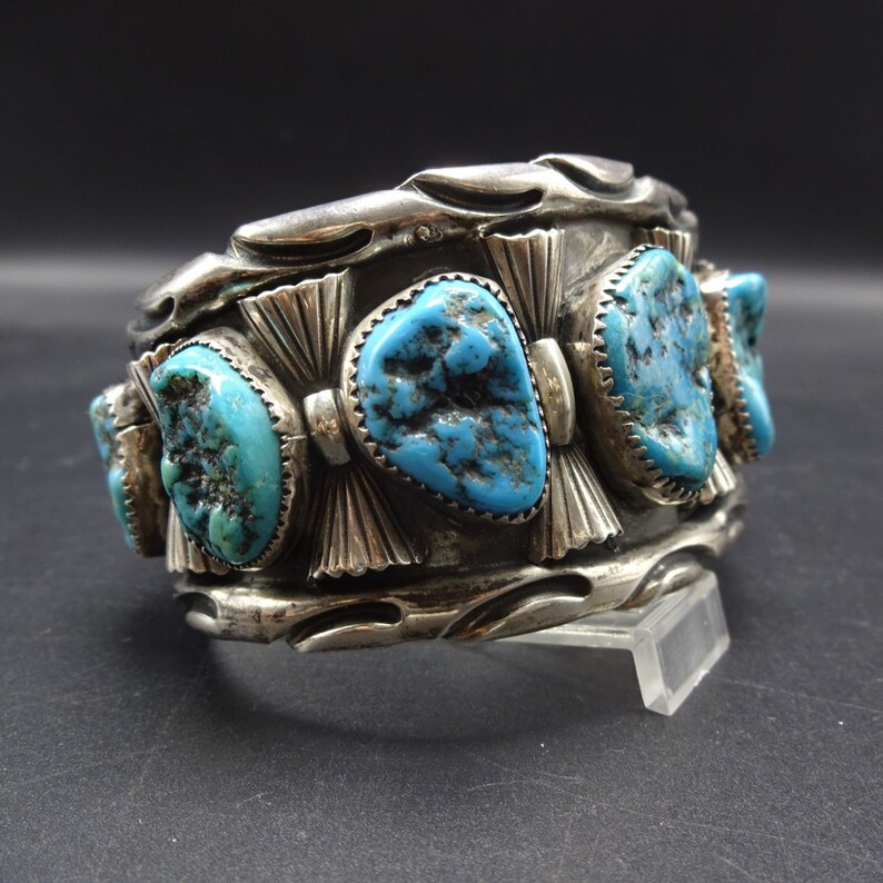 Heavy Vintage Chisel Stamped Sterling Silver TURQUOISE Cuff - Etsy