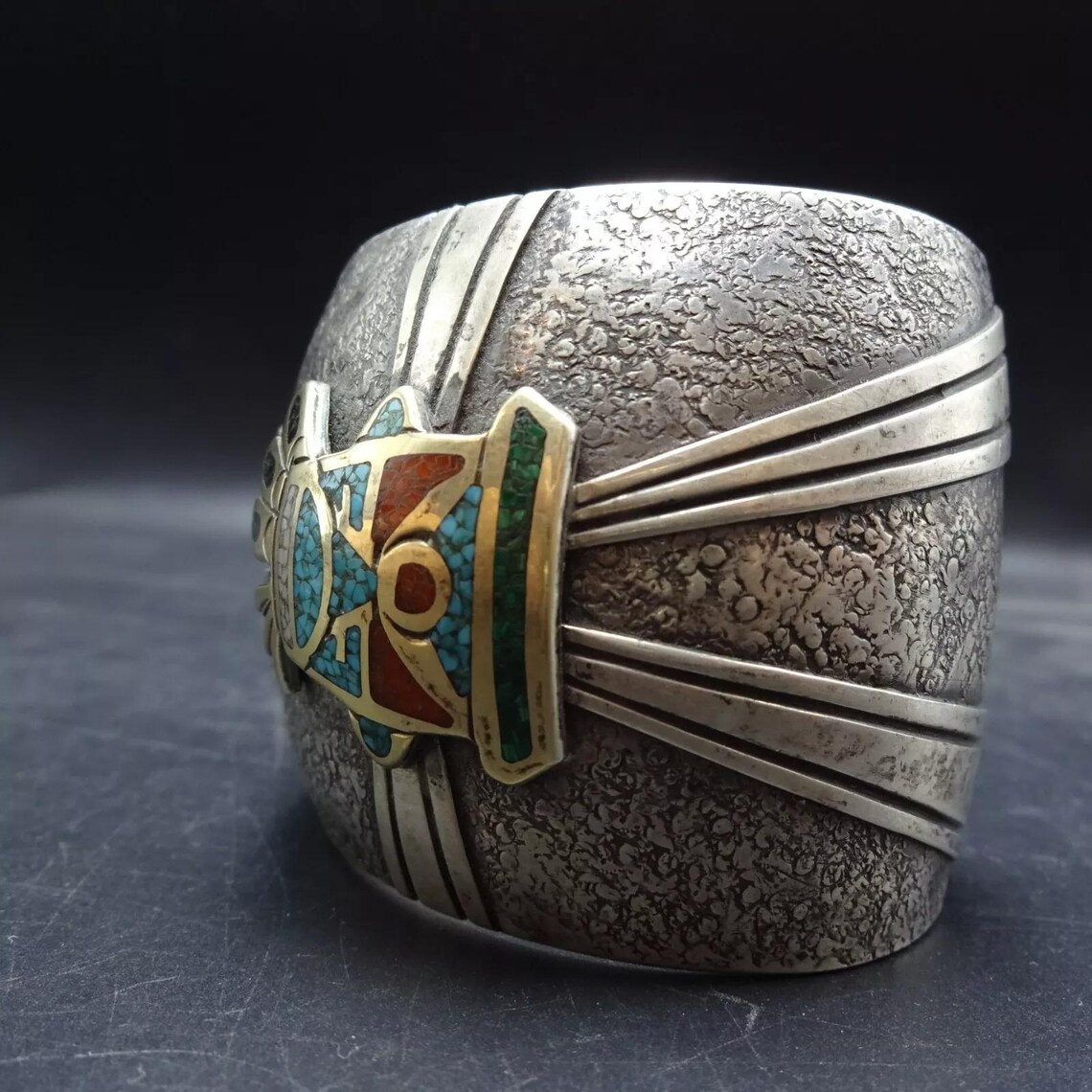 THOMAS TOMMY SINGER Navajo Vintage Sterling Silver Chip Inlay Cuff ...