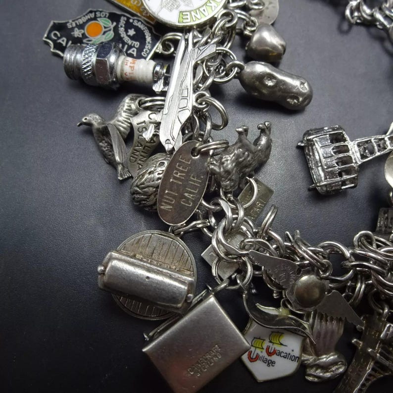 Vintage Sterling Silver 33 CHARM BRACELET 103.3 Grams Unusual and RARE ...