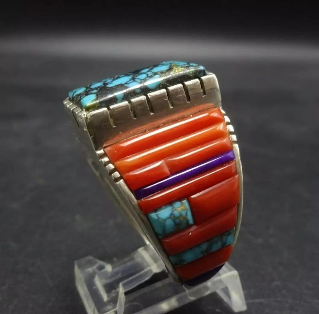 ISIAH BEGAY Sterlingsilver Coral Corn Row Inaly Ring Size 9.5 Lone Mt ...