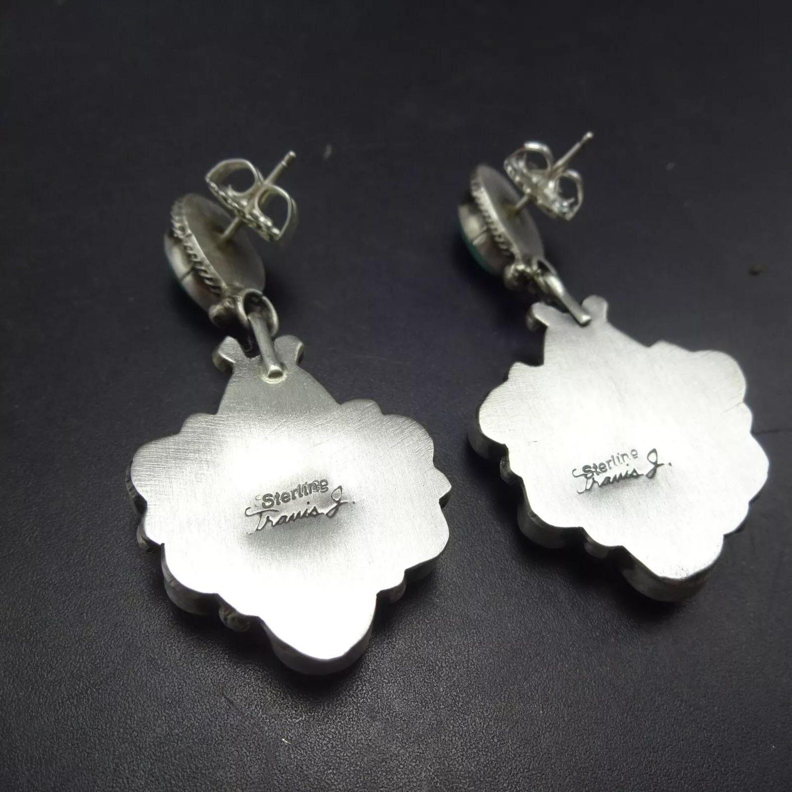 TRAVIS JENSEN Navajo TURQUOISE Cluster Sterling Silver Earrings Dangle ...