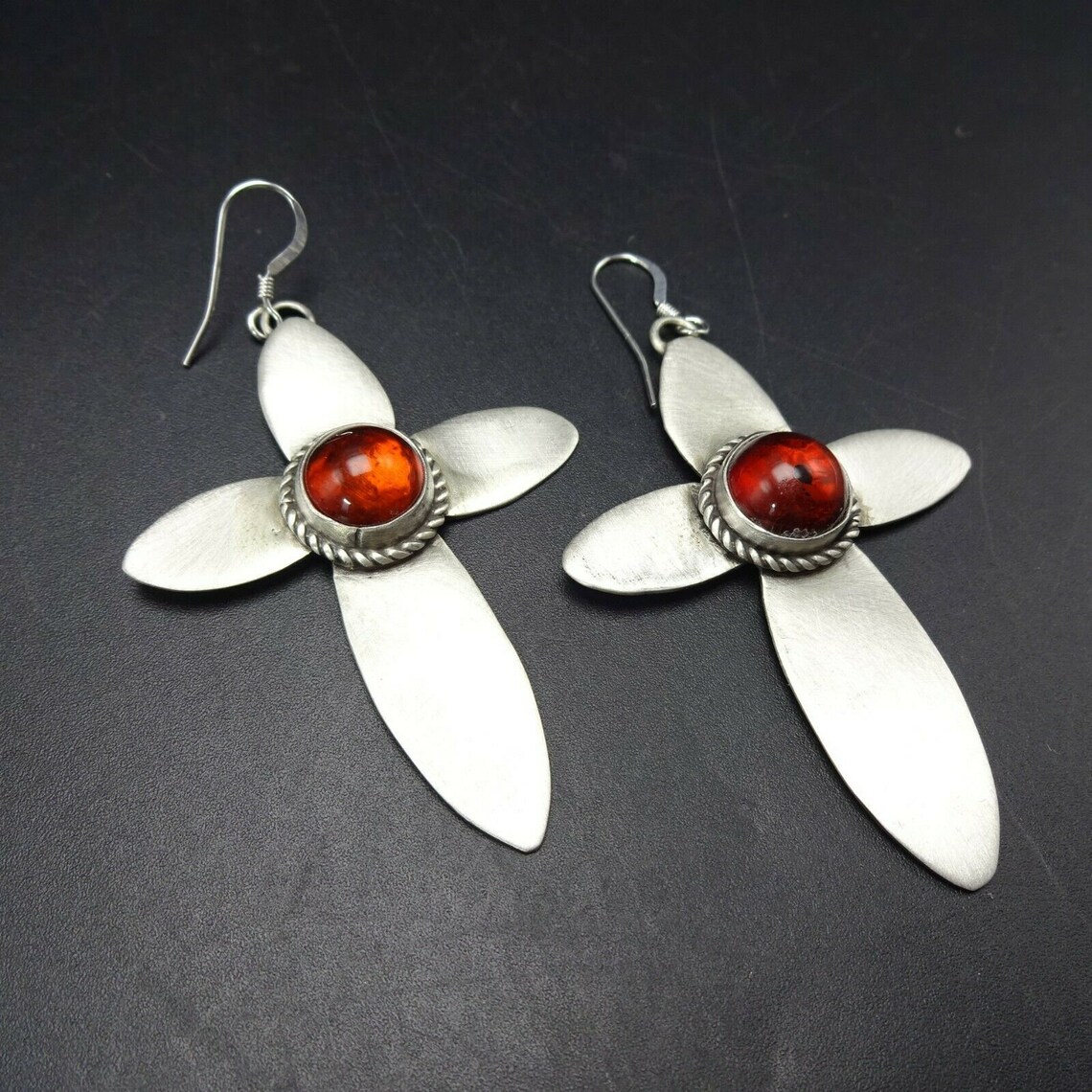 Randall Endito NAVAJO Sterling Silver AMBER Cross EARRINGS Brushed ...
