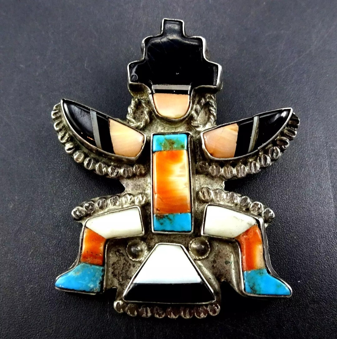 Vintage ZUNI PIN/BROOCH Sterling Silver Knifewing Inlay Turquoise Mop ...