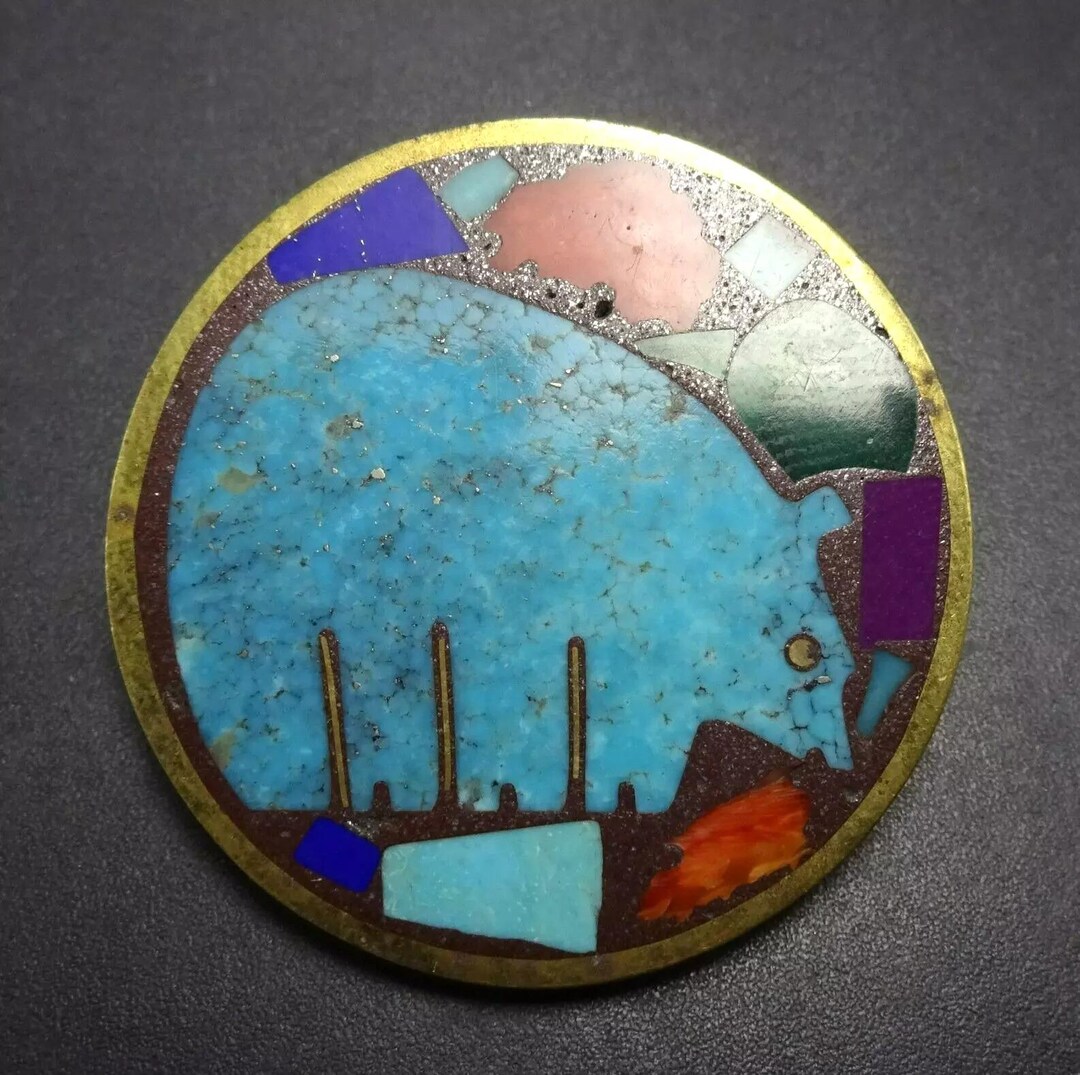 Andrew Shows & Turza Wells HAND CARVED BEAR Inlay Pin/brooch Set in ...