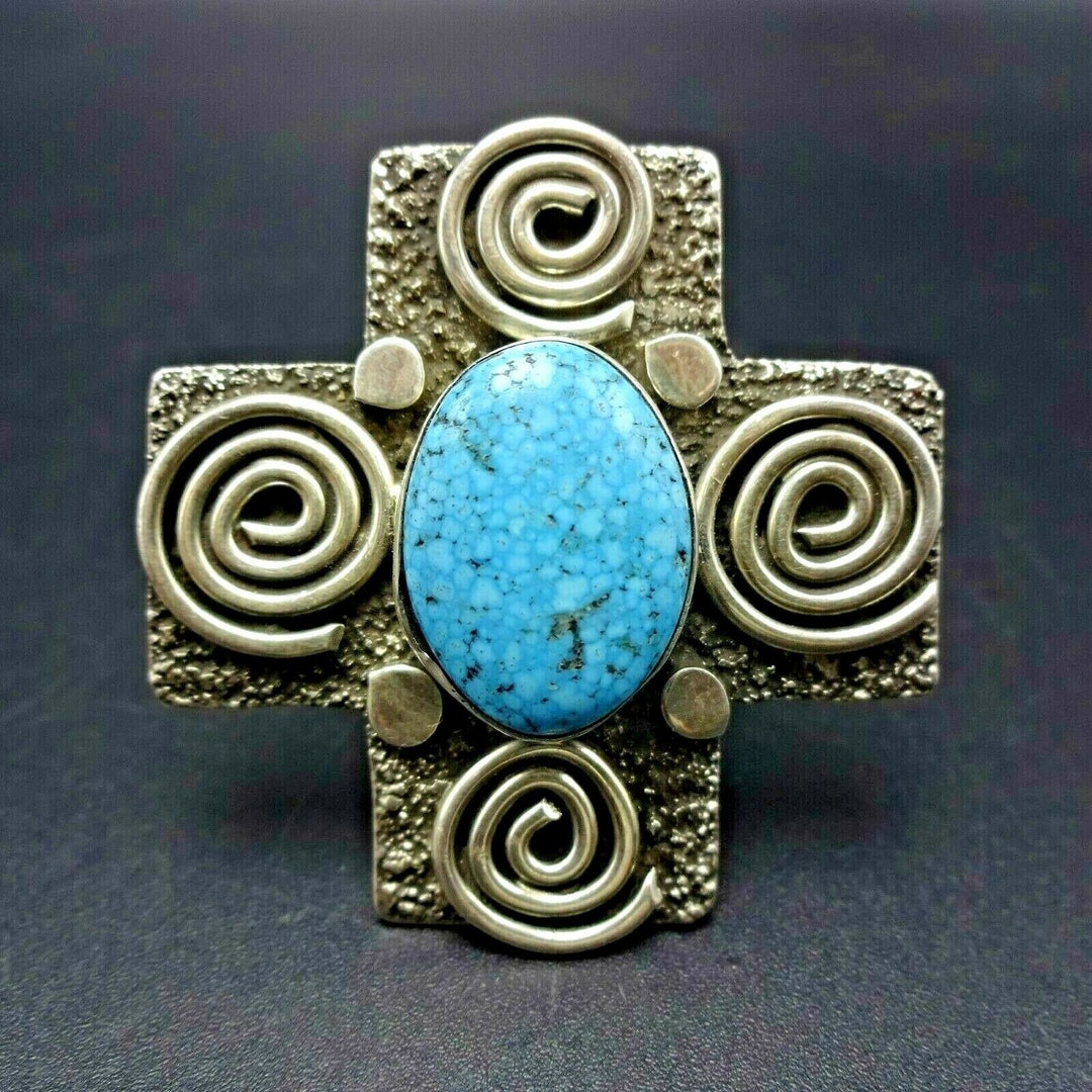 Alex Sanchez Navajo Sterling SANTA FE CROSS Spiderweb Turquoise Ring ...