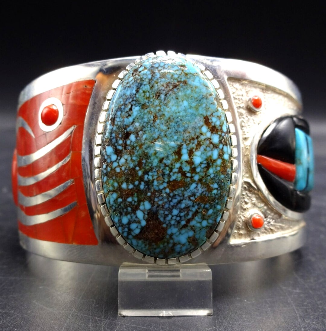 MICHAEL PERRY Navajo TURQUOISE and Coral Sterling Silver Yei Cuff ...