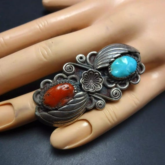 Vintage SADIE CALVIN Navajo TURQUOISE Old Red Coral S… - Gem