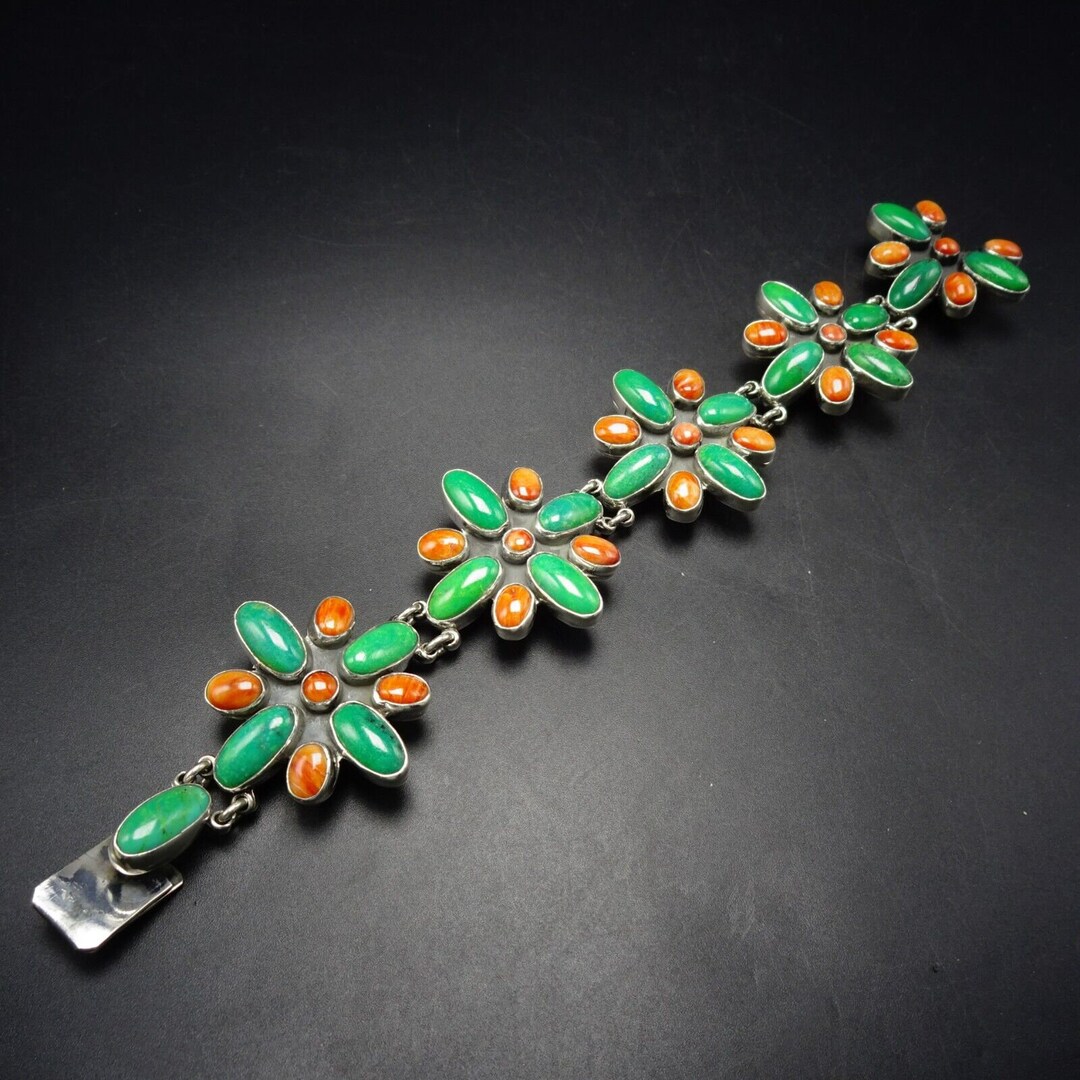 FEDERICO JIMENEZ Orange Spiny Green TURQUOISE Cluster Bracelet Sterling ...