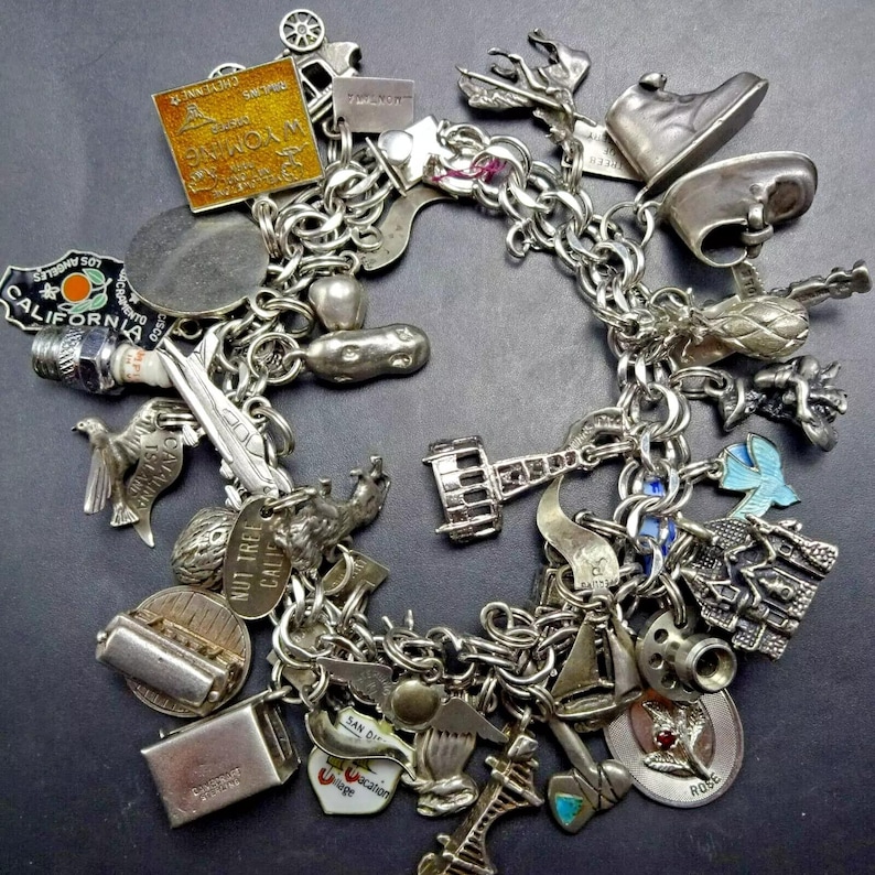 Vintage Sterling Silver 33 CHARM BRACELET 103.3 Grams Unusual and RARE ...
