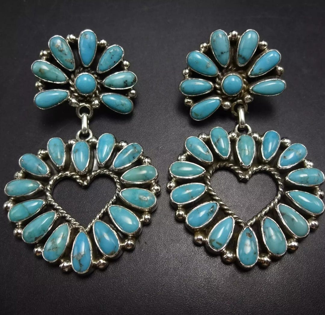 LENORA BEGAY Navajo TURQUOISE Cluster Sterling Silver Heart-shaped ...