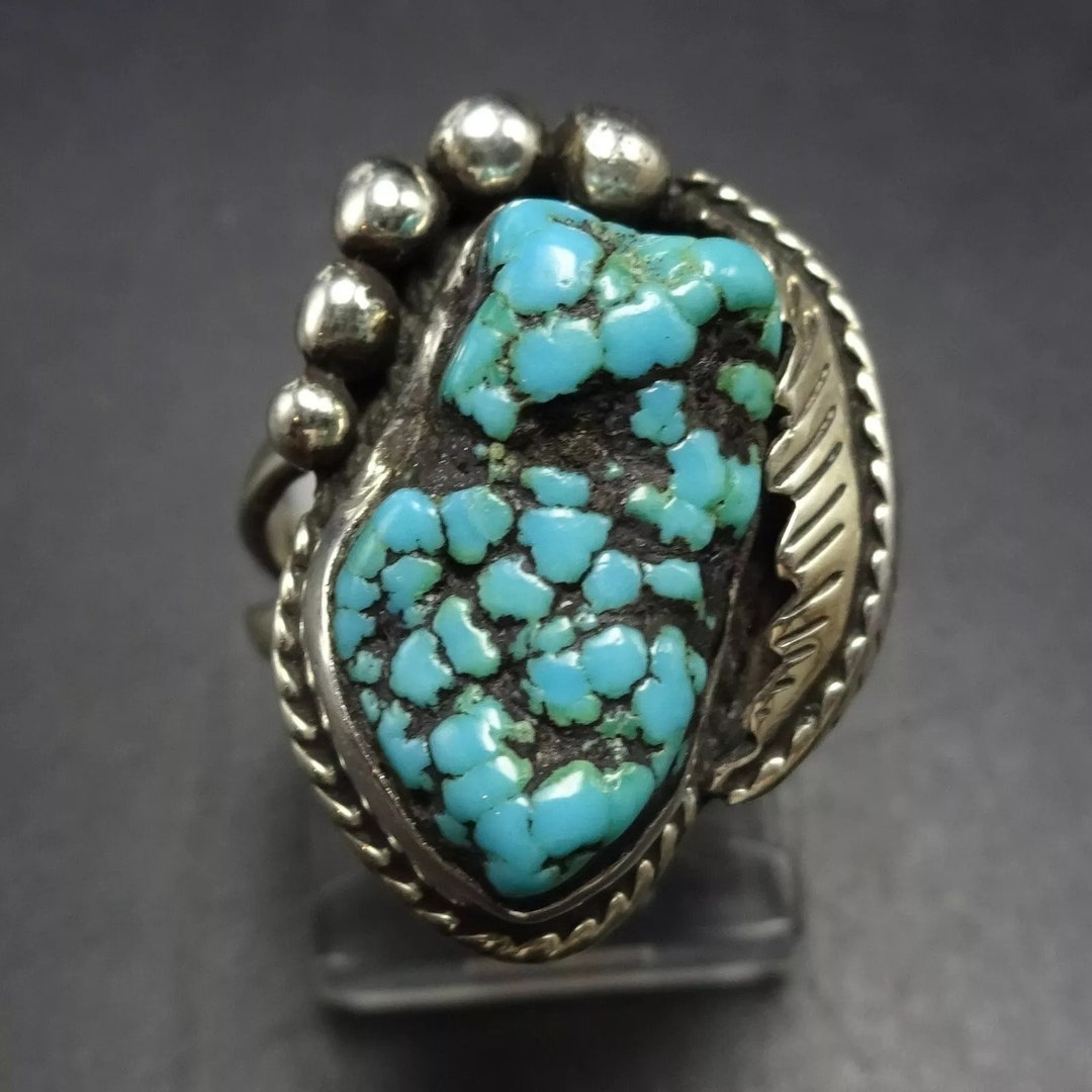 Signed Vintage NAVAJO Botryoidal BLUE TURQUOISE Sterling Silver Ring ...