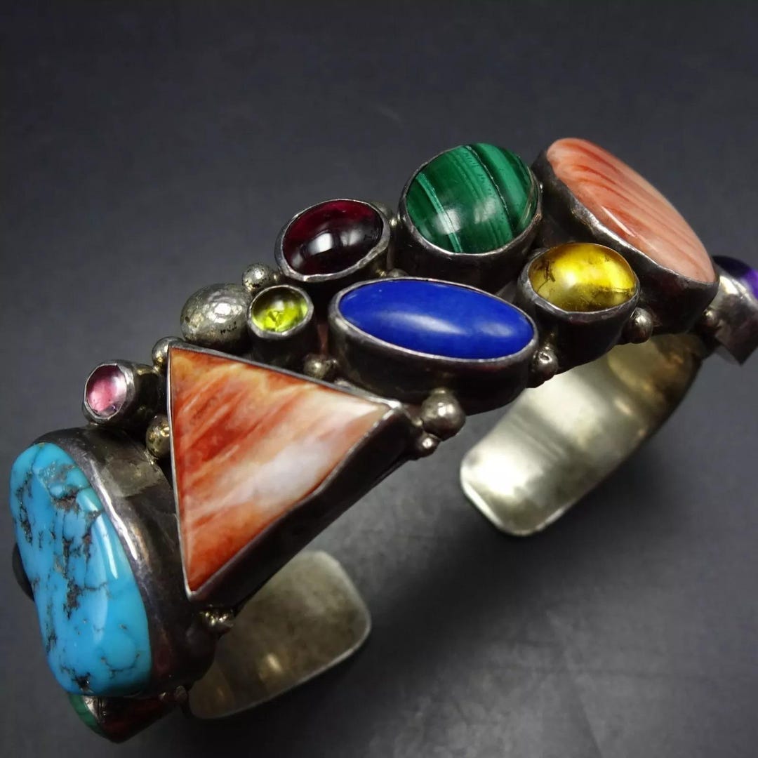E. BILLY Navajo VINTAGE Sterling Silver Multi Stone Cabs Cluster Cuff ...