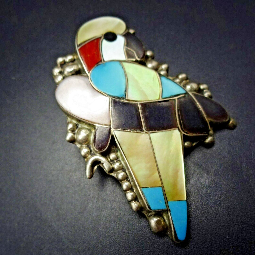Signed Vintage ZUNI Sterling Silver TURQUOISE JET Coral Inlay Parrot ...