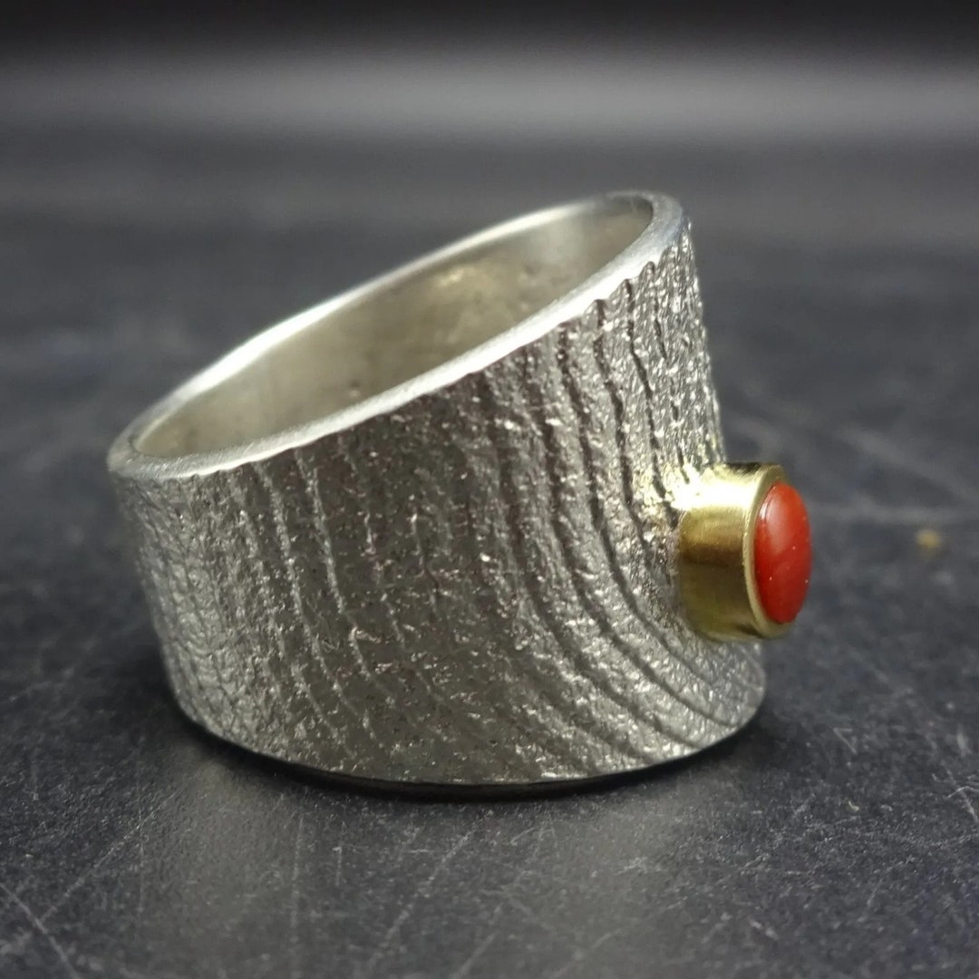 DARRYL DEAN BEGAY Cuttlebone Cast Sterling Coral Ring 18K Gold Bezel ...