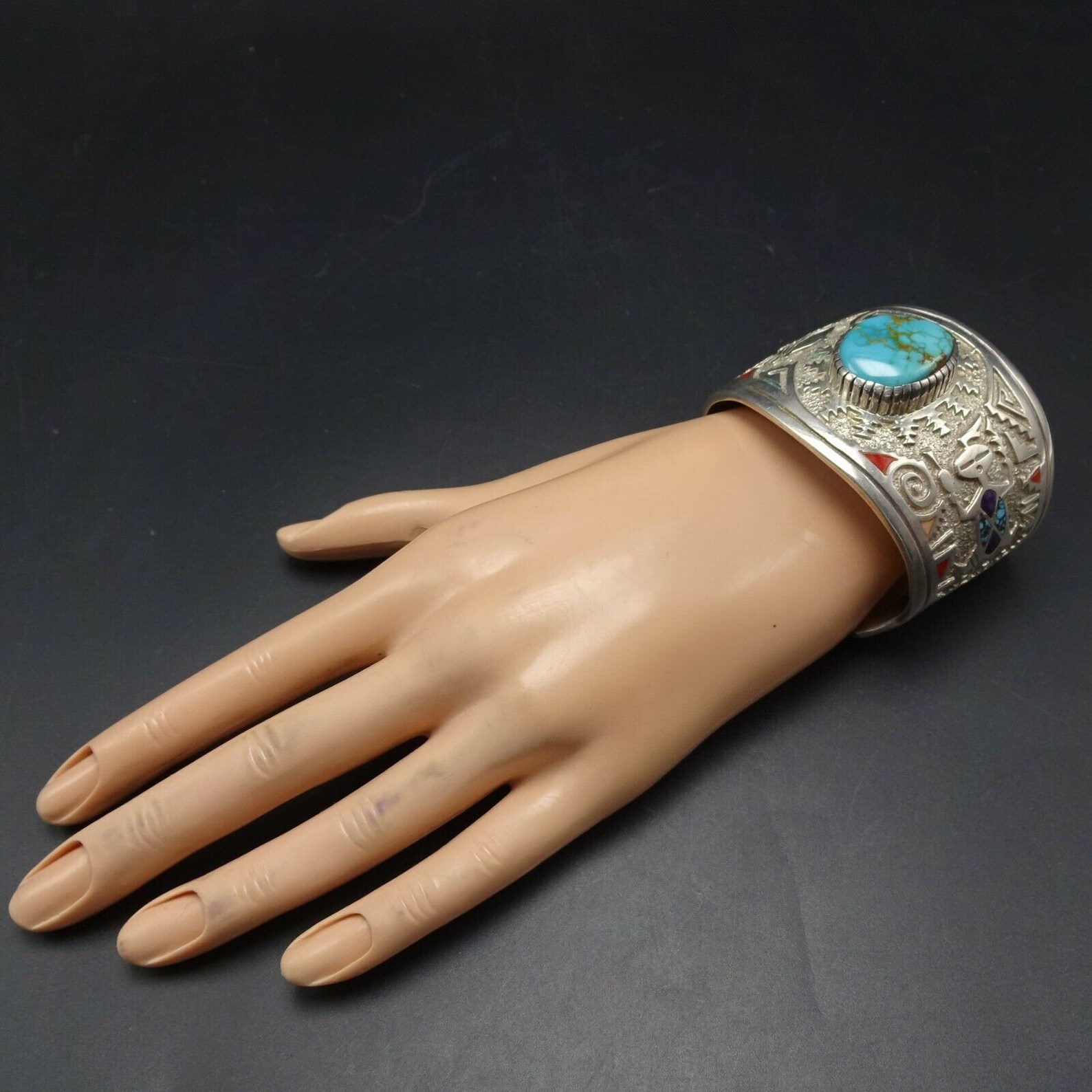 Michael Perry NAVAJO Sterling Silver TURQUOISE CORAL Petroglyph Cuff ...