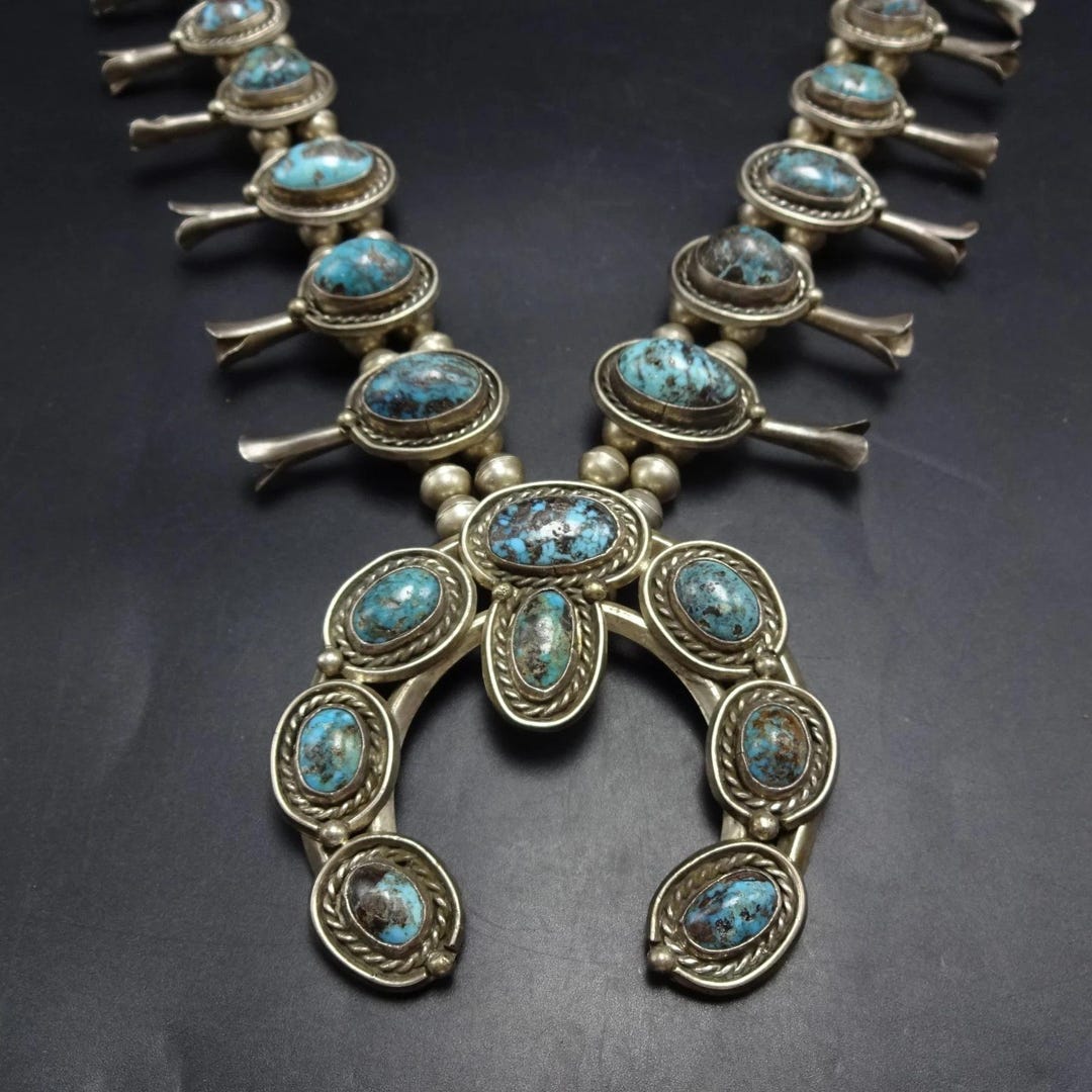 Old Vintage NAVAJO Sterling Silver APACHE Blue TURQUOISE Squash Blossom ...