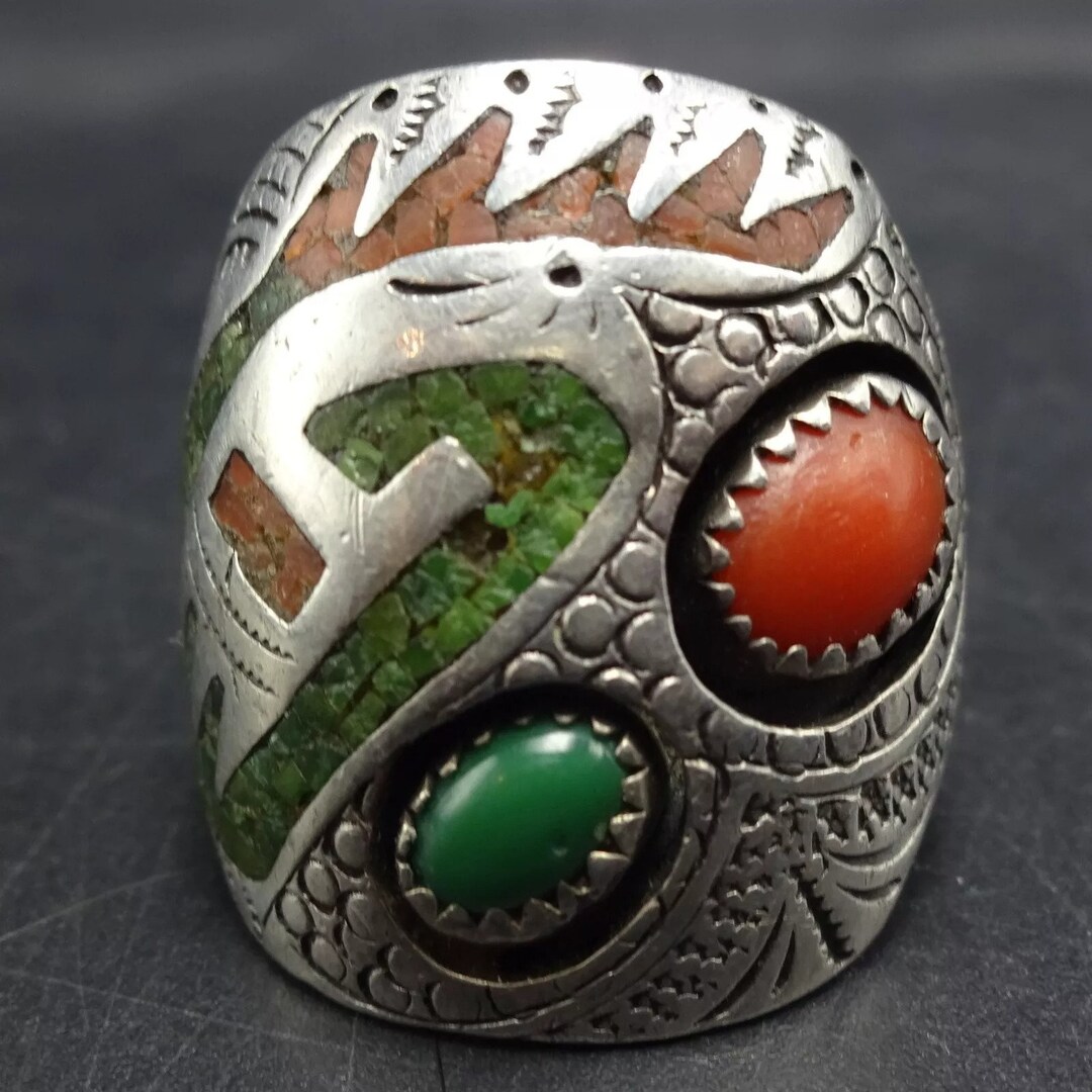 SIGNED Vintage NAVAJO Chip Inlay Sterling Ring With Coral TURQUOISE ...