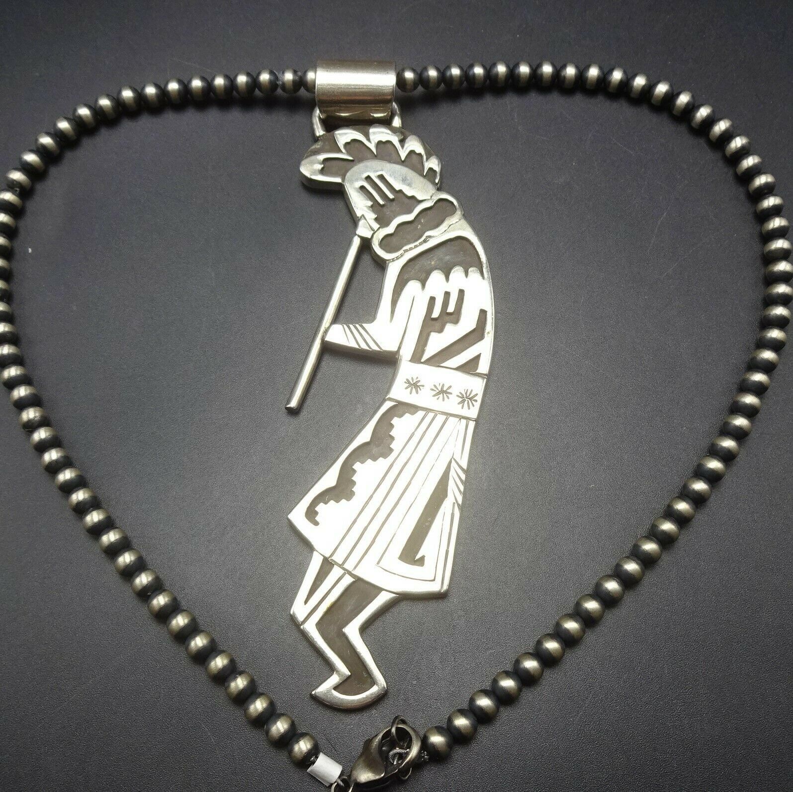 Vintage HOPI Sterling Silver Overlay KOKOPELLI PENDANT + 18" 5mm Navajo ...