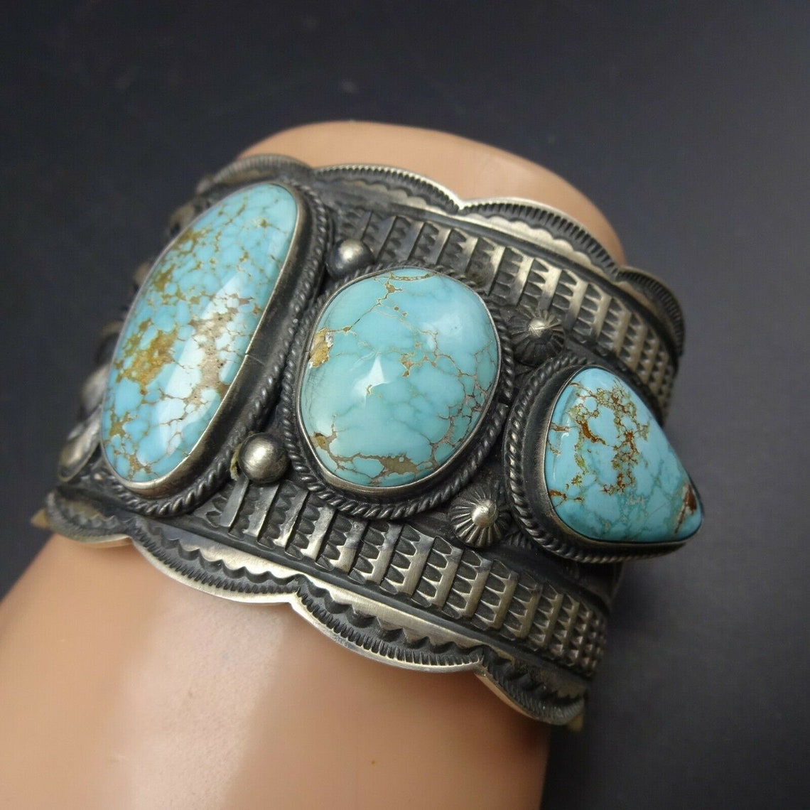 HUGE Andy Cadman NAVAJO Hand-stamped Sterling Silver TURQUOISE | Etsy