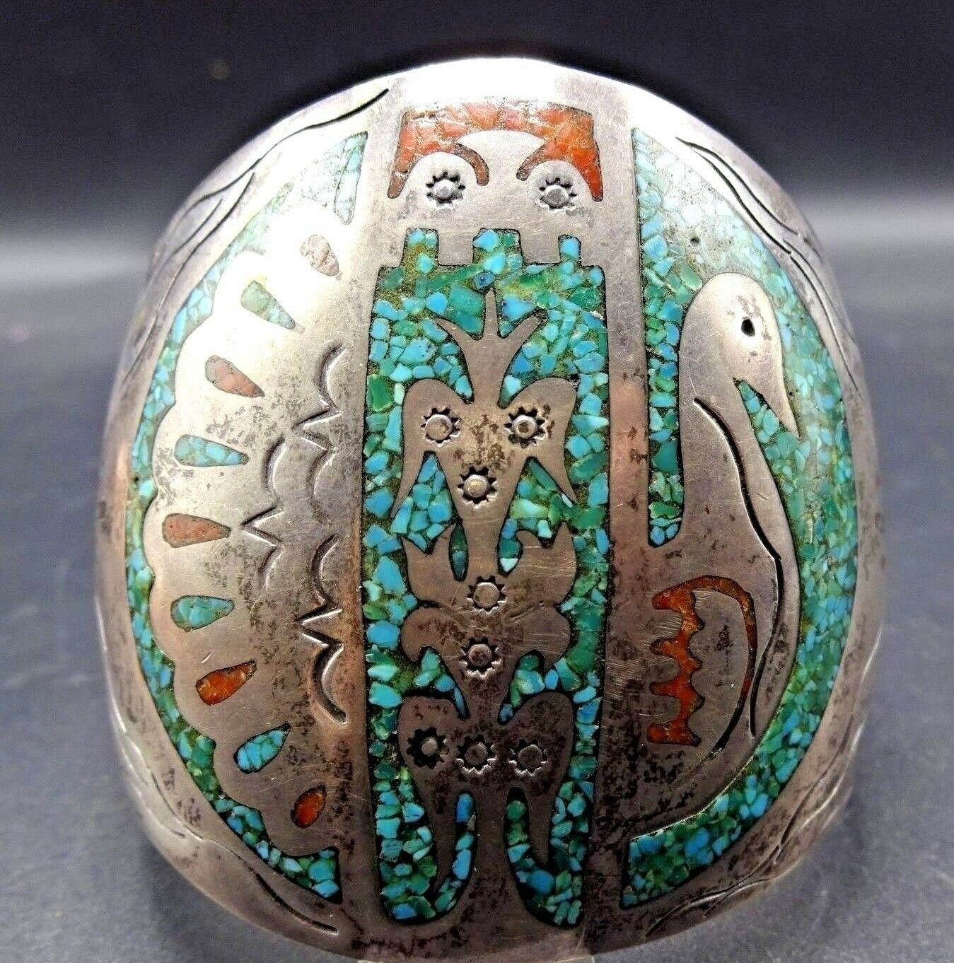 Signed Vintage NAVAJO Sterling TURQUOISE & CORAL Chip Inlay | Etsy