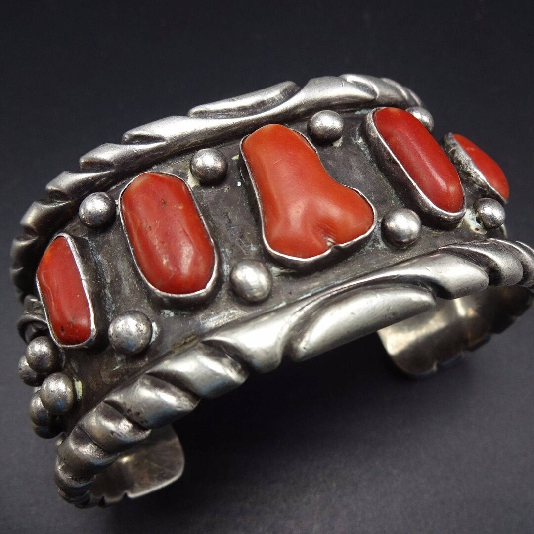 Heavy Gauge Vintage Chisel Cut Sterling Silver CORAL Cuff BRACELET 126g ...