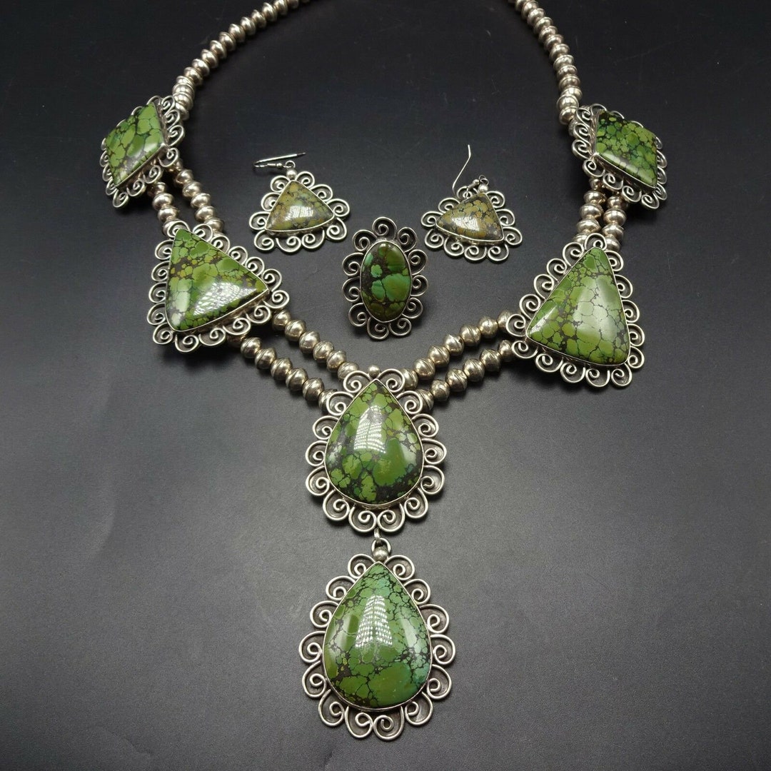 Vintage NEVADA GREEN TURQUOISE Sterling Navajo Pearls Necklace Ring ...