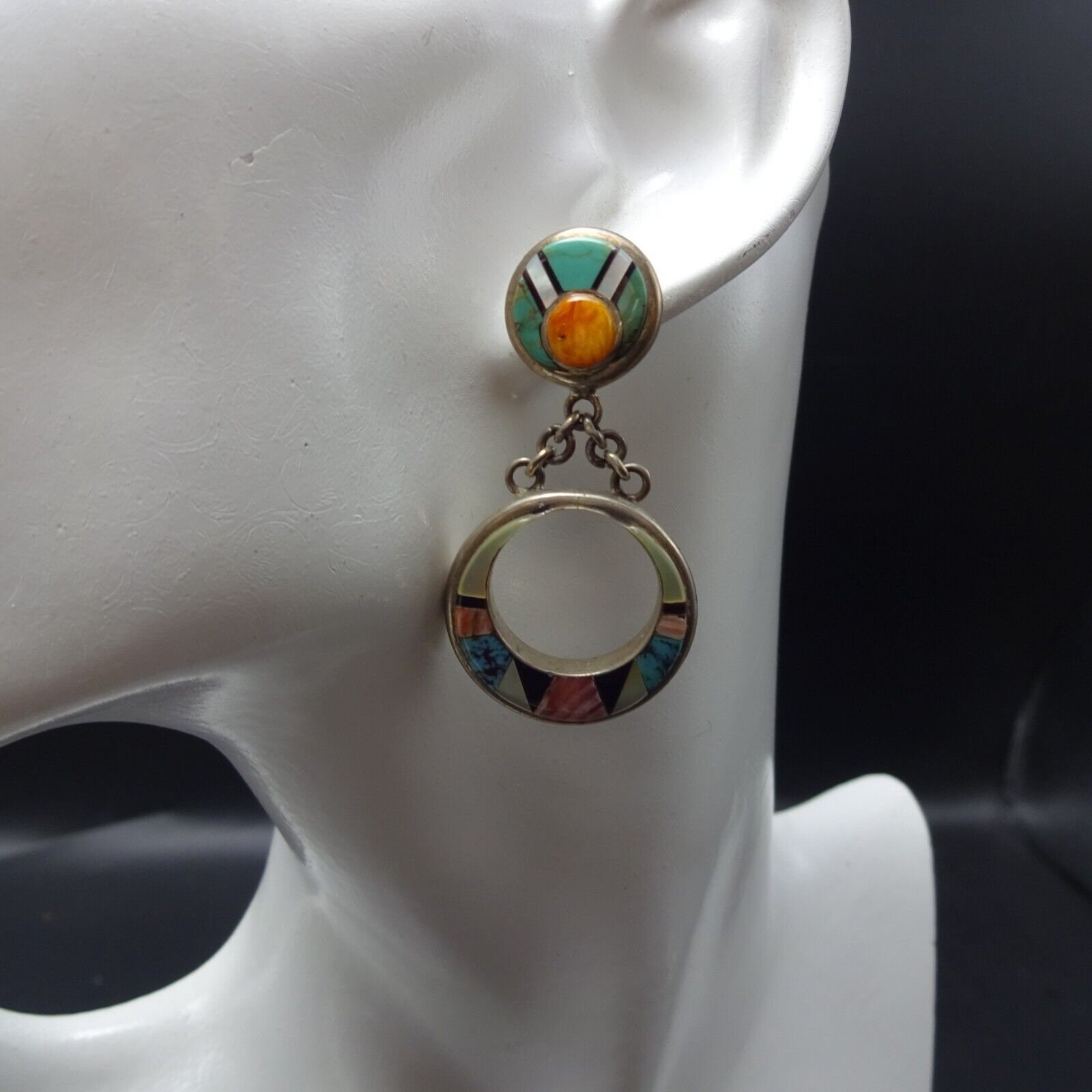 Vintage MULTI STONE Channel Inlay Earrings Sterling Silver TURQUOISE ...