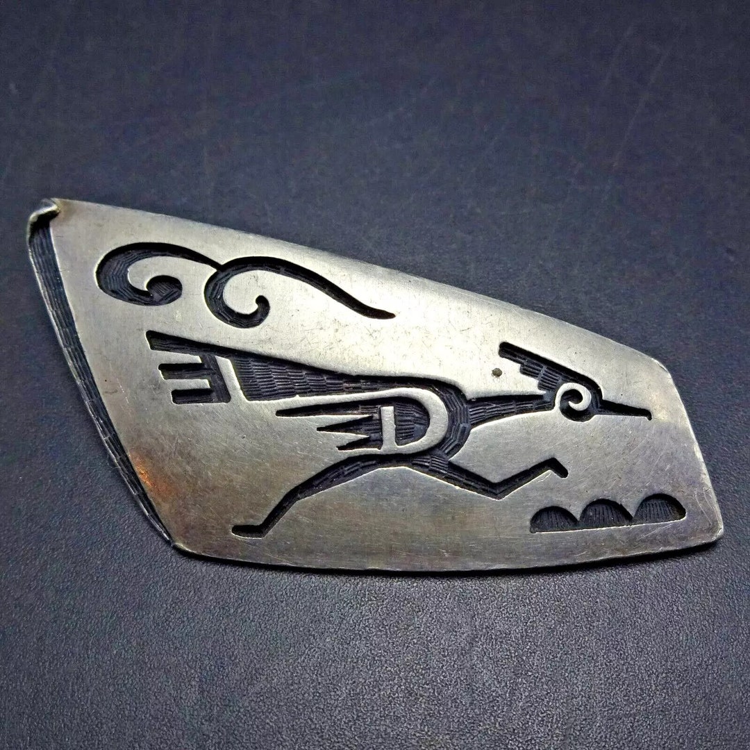 HOPICRAFTS Vintage HOPI Sterling Silver Overlay ROADRUNNER Pin/brooch ...