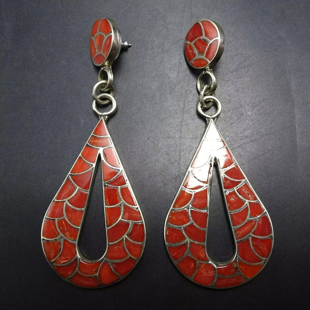 Zuni LYNELLE JOHNSON Fish Scale Inlay Red Coral EARRINGS Sterlingsilver ...