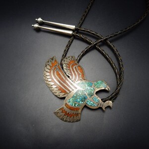 Majestic Signed Vintage EAGLE Bolo TURQUOISE Coral Chip INLAY Sterling ...