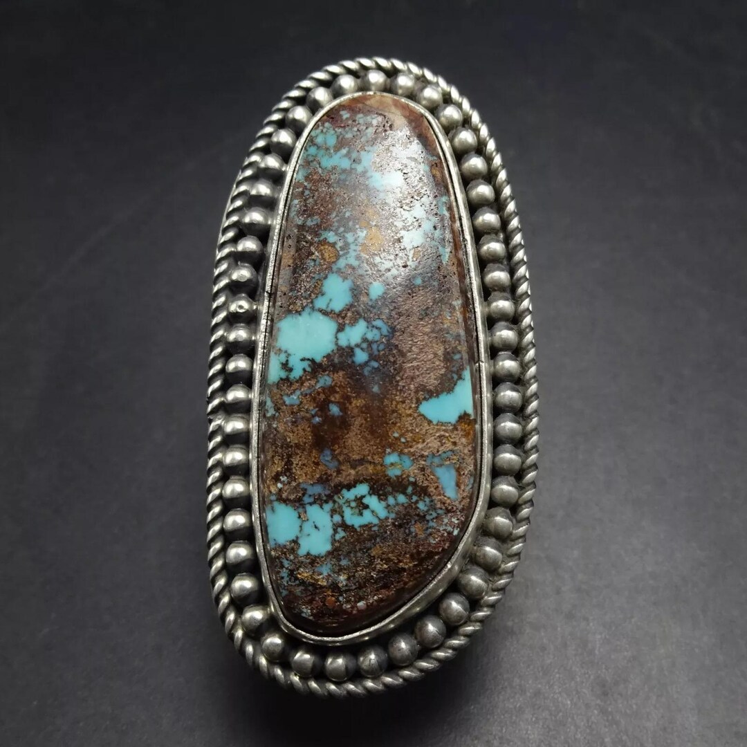 2" Long ROBERT PLATERO Navajo TURQUOISE Sterling Silver Ring Size 8.5 ...