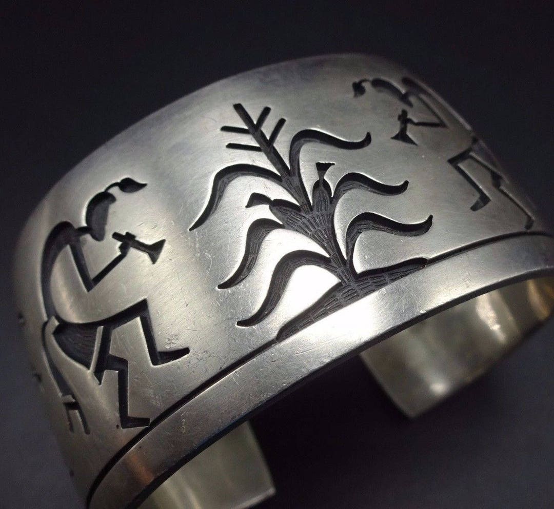Signed Vintage HOPI Sterling Silver OVERLAY Cuff BRACELET Kokopelli ...
