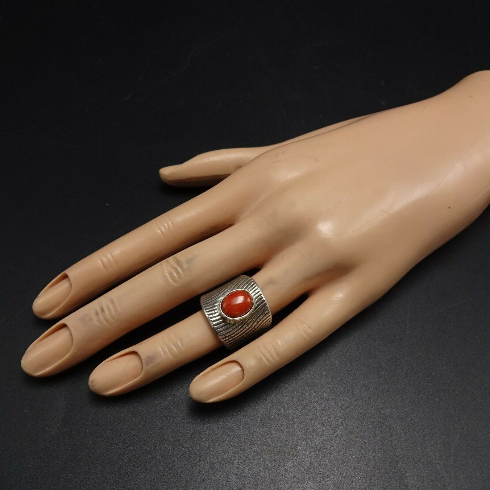 Pete Johnson NAVAJO Cuttlebone Cast Sterling Silver CORAL RING Sz 5.5 ...