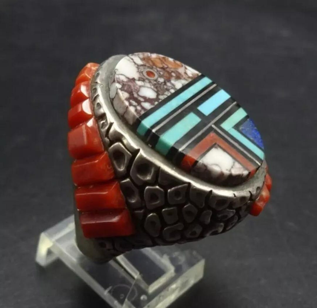 Spectacular WILBERT MANNING Navajo Coral TURQUOISE Sterling Silver Ring ...