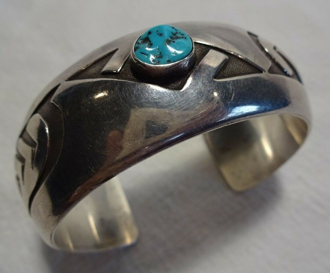 Signed Vintage NAVAJO Michael TAHE Sterling Silver Overlay & TURQUOISE ...