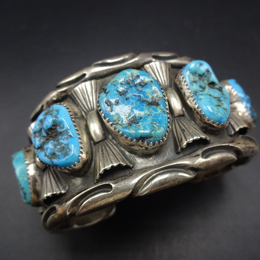 Heavy Vintage Chisel Stamped Sterling Silver TURQUOISE Cuff - Etsy