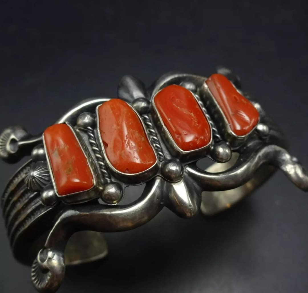HARRISON BITSUI Navajo Vintage Sterlingsilver Red MEDITERRAN Coral Cuff ...