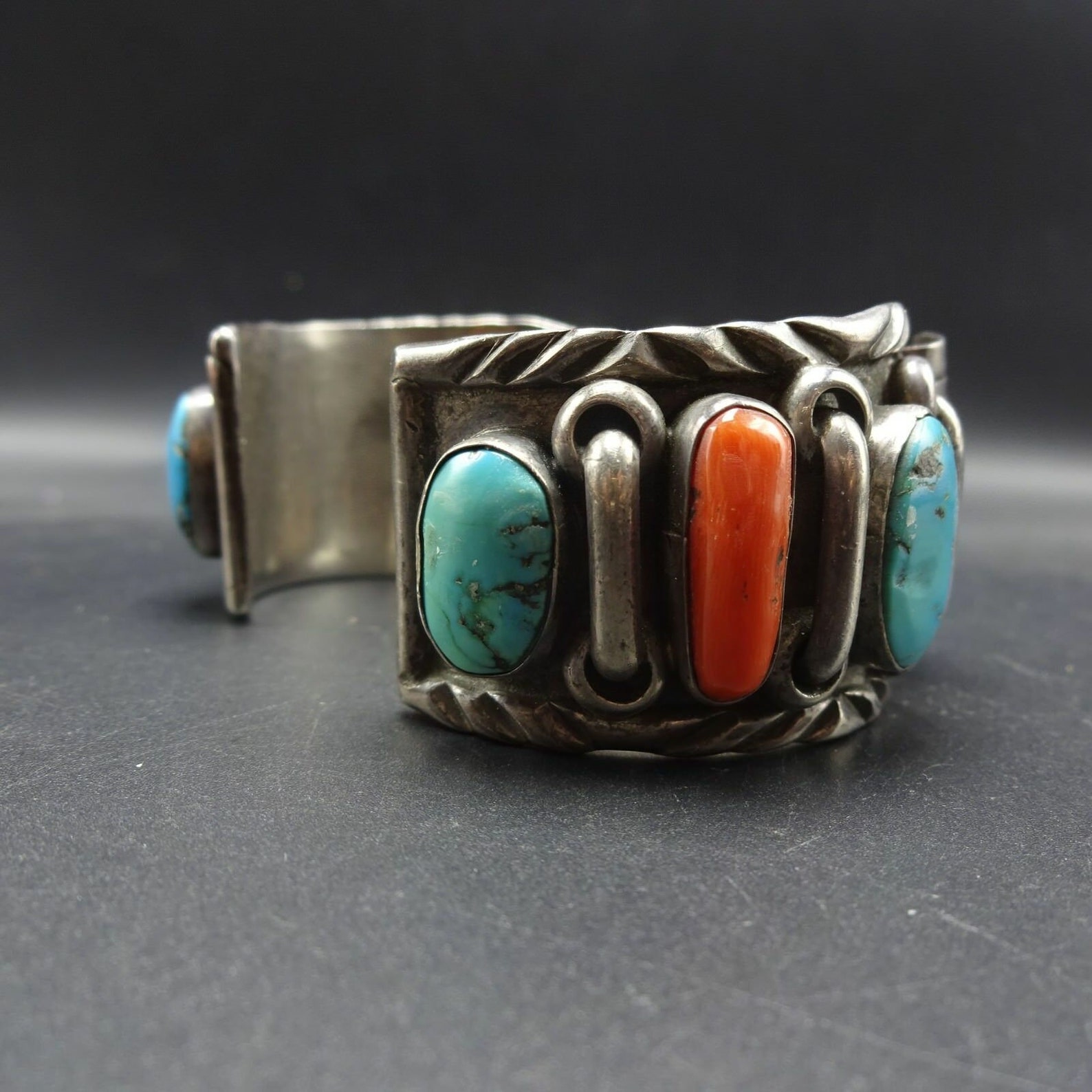 Signed Vintage ZUNI Turquoise Coral WATCH BAND Cuff by Paquin Arts ...