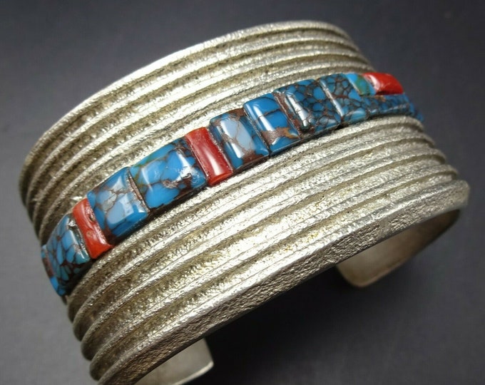 ISIAH BEGAY Tufa Cast Sterling Silver Spiderweb TURQUOISE and Coral ...