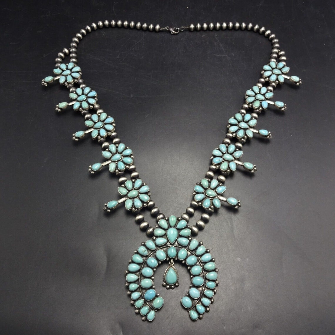 B. YELLOWHORSE Navajo TURQUOISE Cluster Sterling Silver Squash Blossom ...