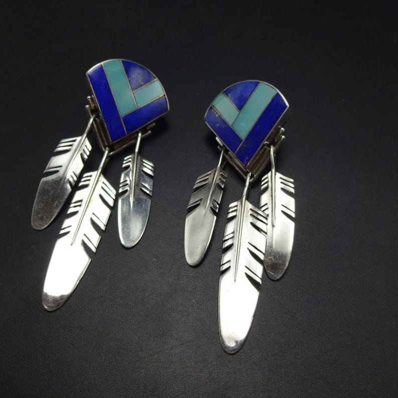 RAY TRACEY KNIFEWING Segura Channel Inlay Earrings With Feather Dangles ...