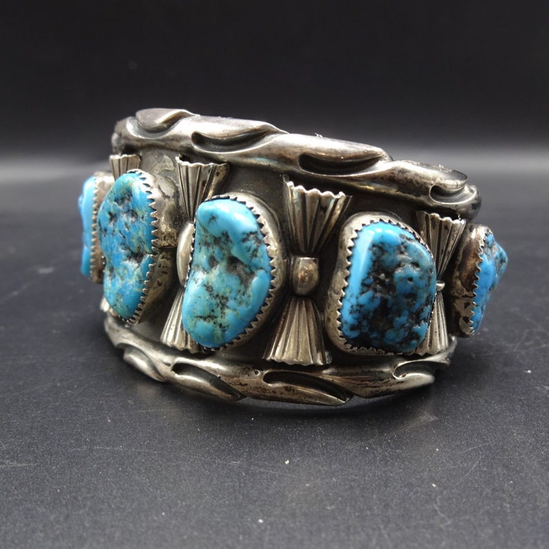 Heavy Vintage Chisel Stamped Sterling Silver TURQUOISE Cuff - Etsy