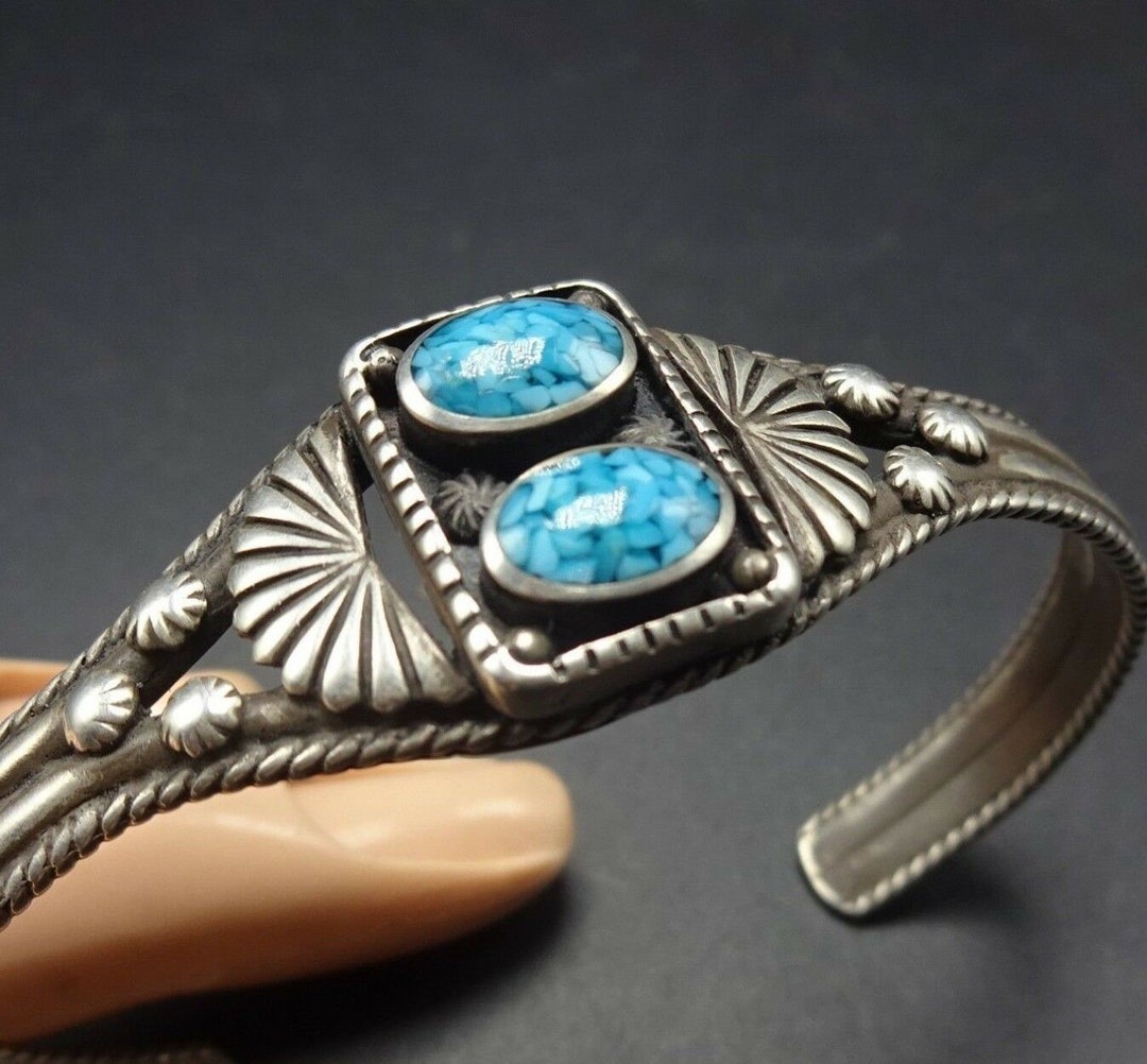 Vintage Sterling Silver TURQUOISE Chip Inlay Cuff BRACELET - Etsy