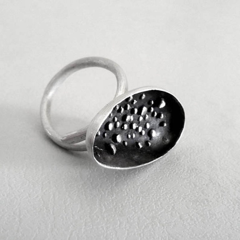 Oval Silver Ring Black Dotted Ring Silver Adjustable Ring - Etsy
