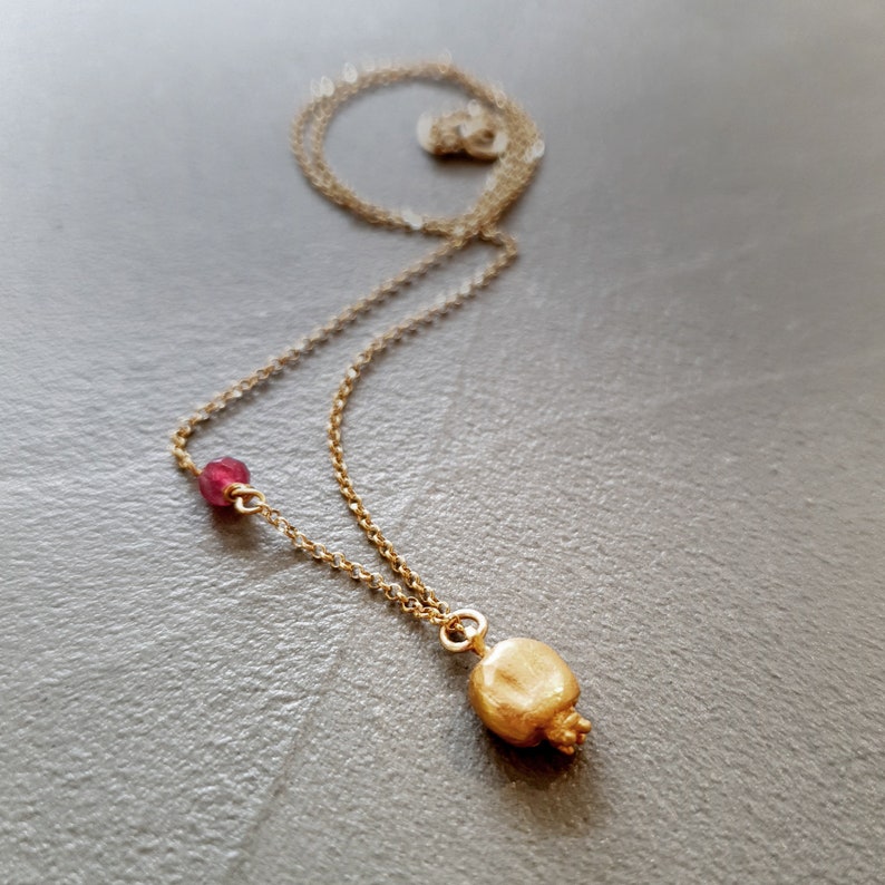 Gold Pomegranate Pendant With Dark Red Jade. Good Luck Charm Necklace ...
